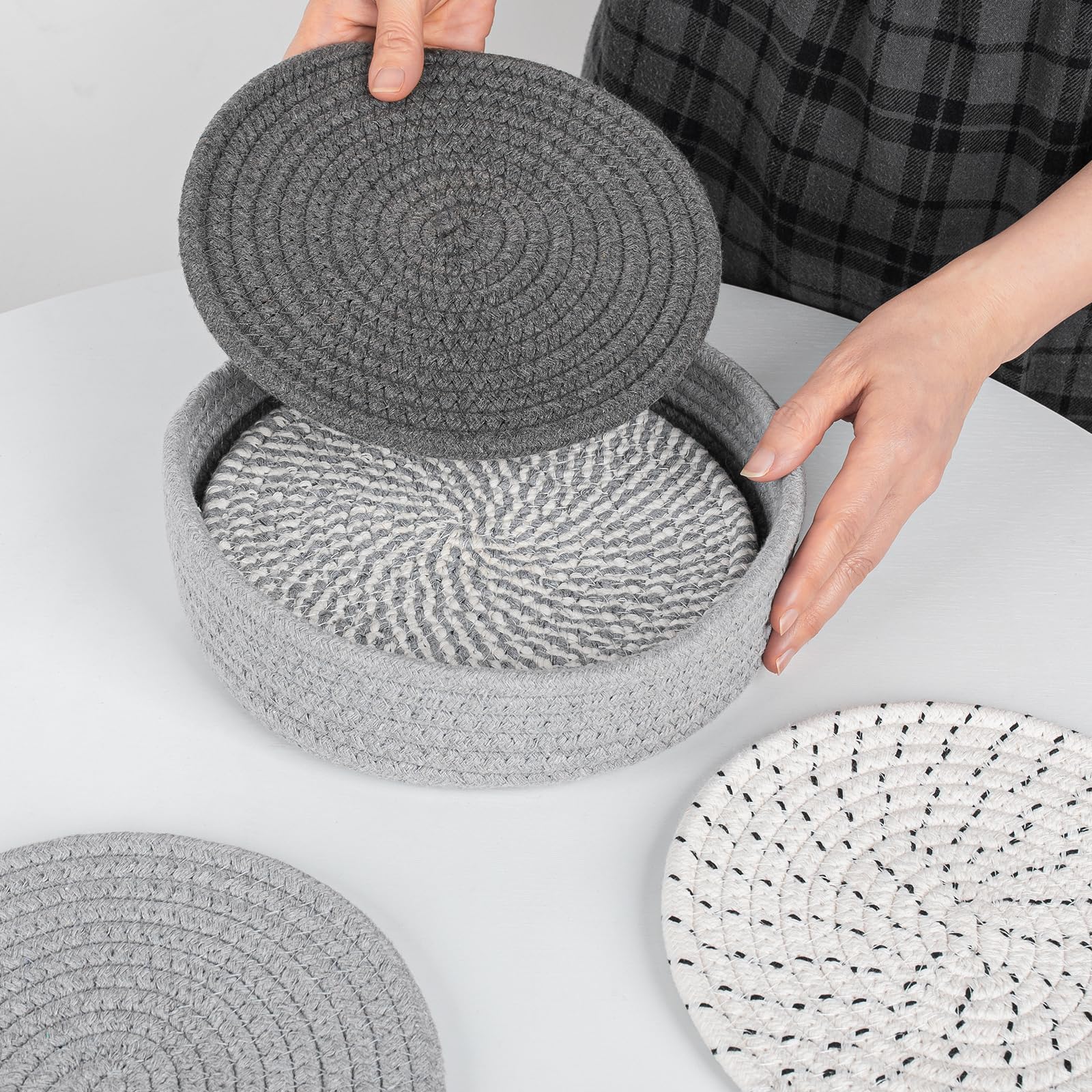 8" Trivets for Hot Dishes, Hot pots and Pans,6 Heat Resistant Hot Pads and Storage Basket 1 Pack,Pot Holders for Kitchen, Hot Plate Mats for Kitchen Countertops, Table, Home Essentials, Farmhouse Deco