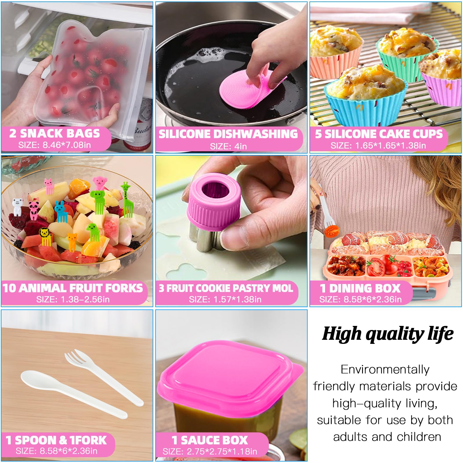 52Pcs Bento Box Lunch Box Kit, 1300ML Lunch Container for Kids/Adults/School, Durable Leak-proof Box 4 Compartments with Lunch Bag,Spoon,Fork,Accessories,for Dishwasher Refrigerator Microwave(Pink)