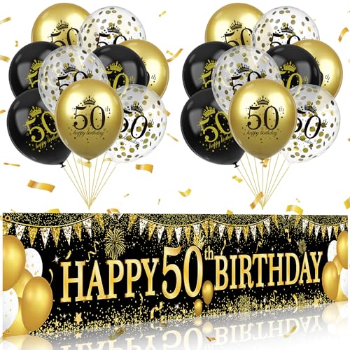 50th Birthday Decorations for Men Women, Black Gold 50th Birthday Yard Banner and 50th Happy Birthday Balloons for 50th Birthday Party Decorations Cheers to 50 Years Birthday Decor Indoor Outdoor