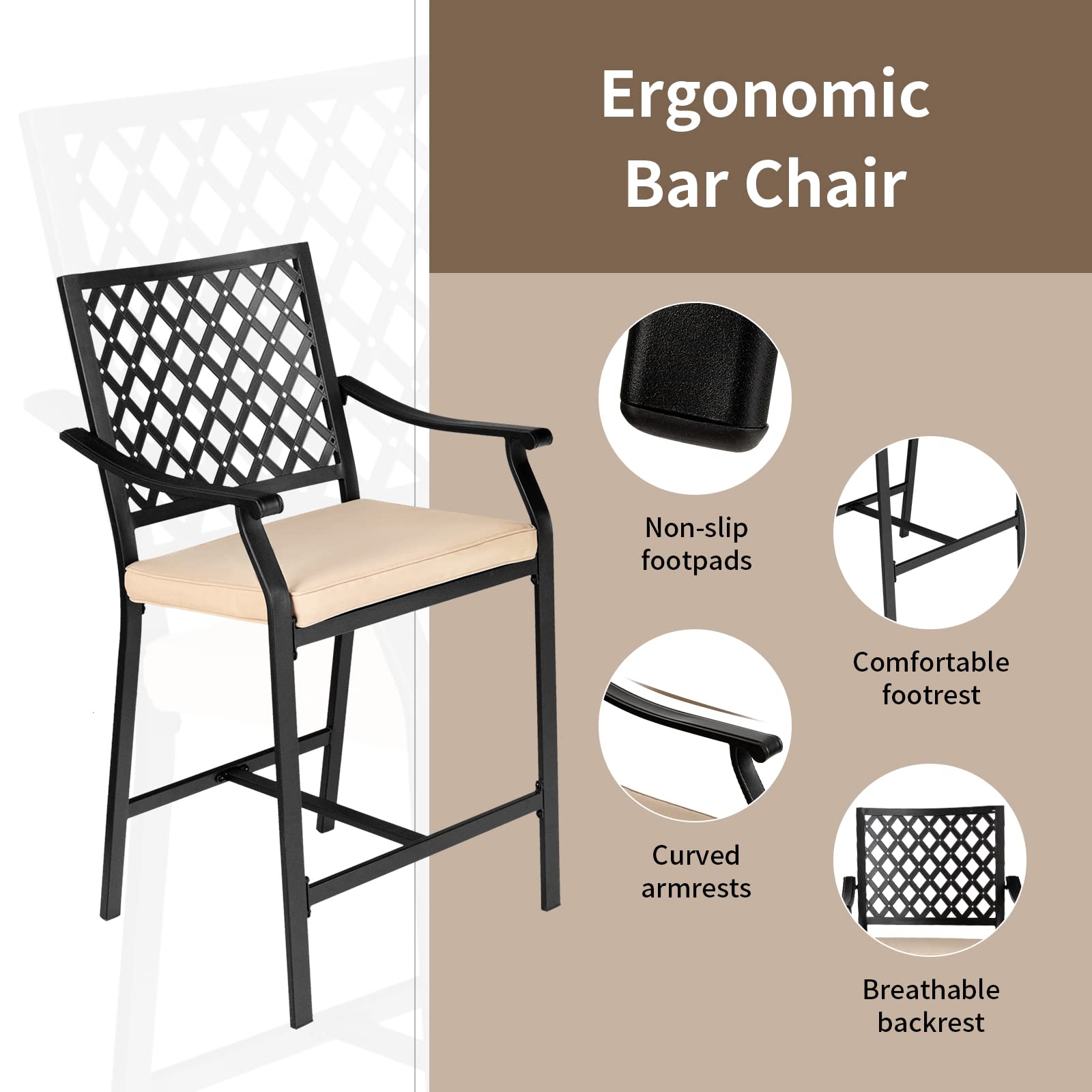 Tangkula 3 Piece Patio Bar Bistro Set, Outdoor Bar Height Stool & Table, Ergonomic Seat with Comfortable Cushion, Reinforced Steel Structure, Outside Dining Set for Poolside, Backyard (Beige)