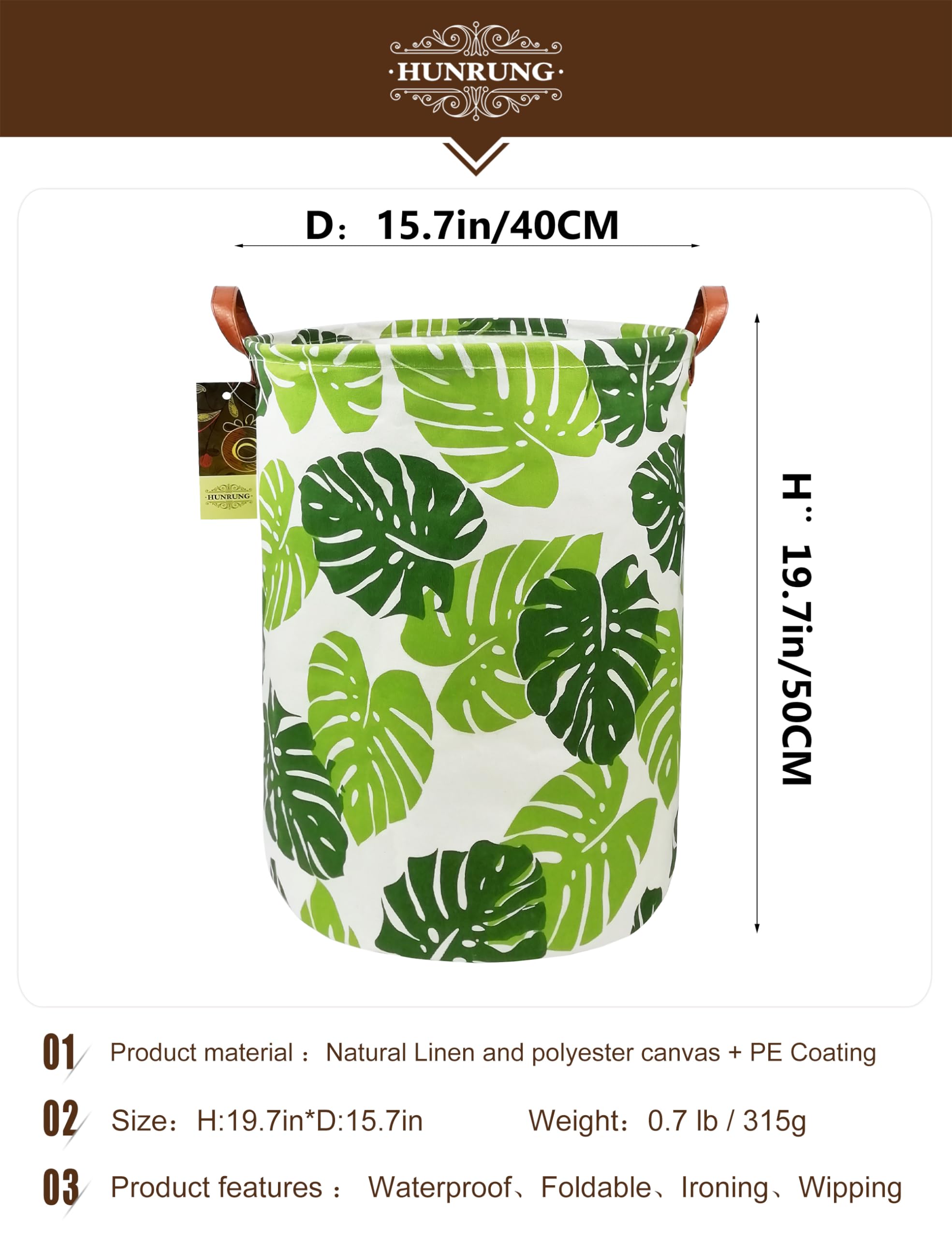 HUNRUNG Laundry Hamper,Large Canvas Fabric Lightweight Storage Basket Toy Organizer Dirty Clothes Collapsible Waterproof for College Dorms, Children Bedroom,Bathroom (Round Leaf)