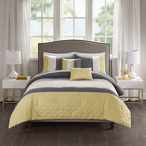 510 DESIGN Cozy Comforter Set - Geometric Honeycomb Design, All Season Down Alternative Casual Bedding with Matching Shams, Decorative Pillows, Full/Queen (90"x90"), Yellow/Grey 5 Piece