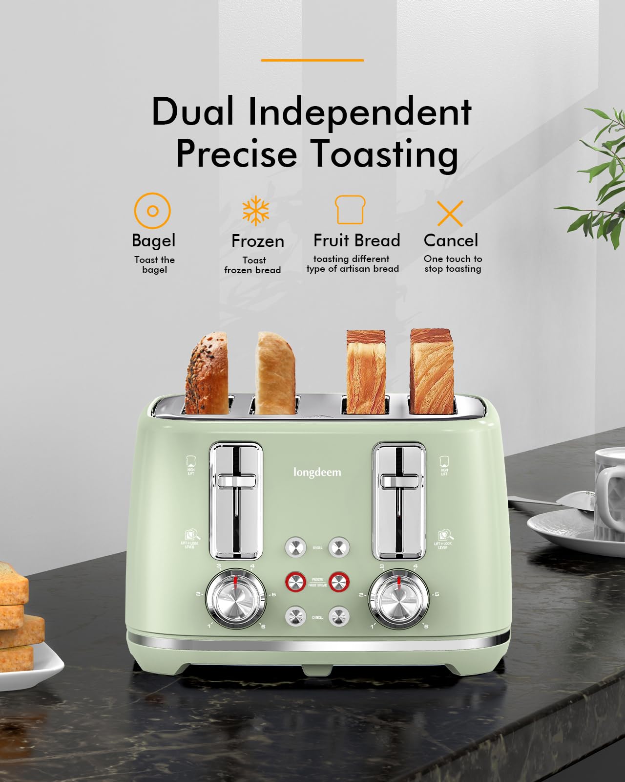 4 Slice Toaster, Extra Wide Slots, Longdeem Retro Stainless Steel Toasters, 6 Browning Options, Lift + Look, Auto Shut Off & Frozen Function, Toast Fruit Bread, Bagel & Waffle, Pastel Green
