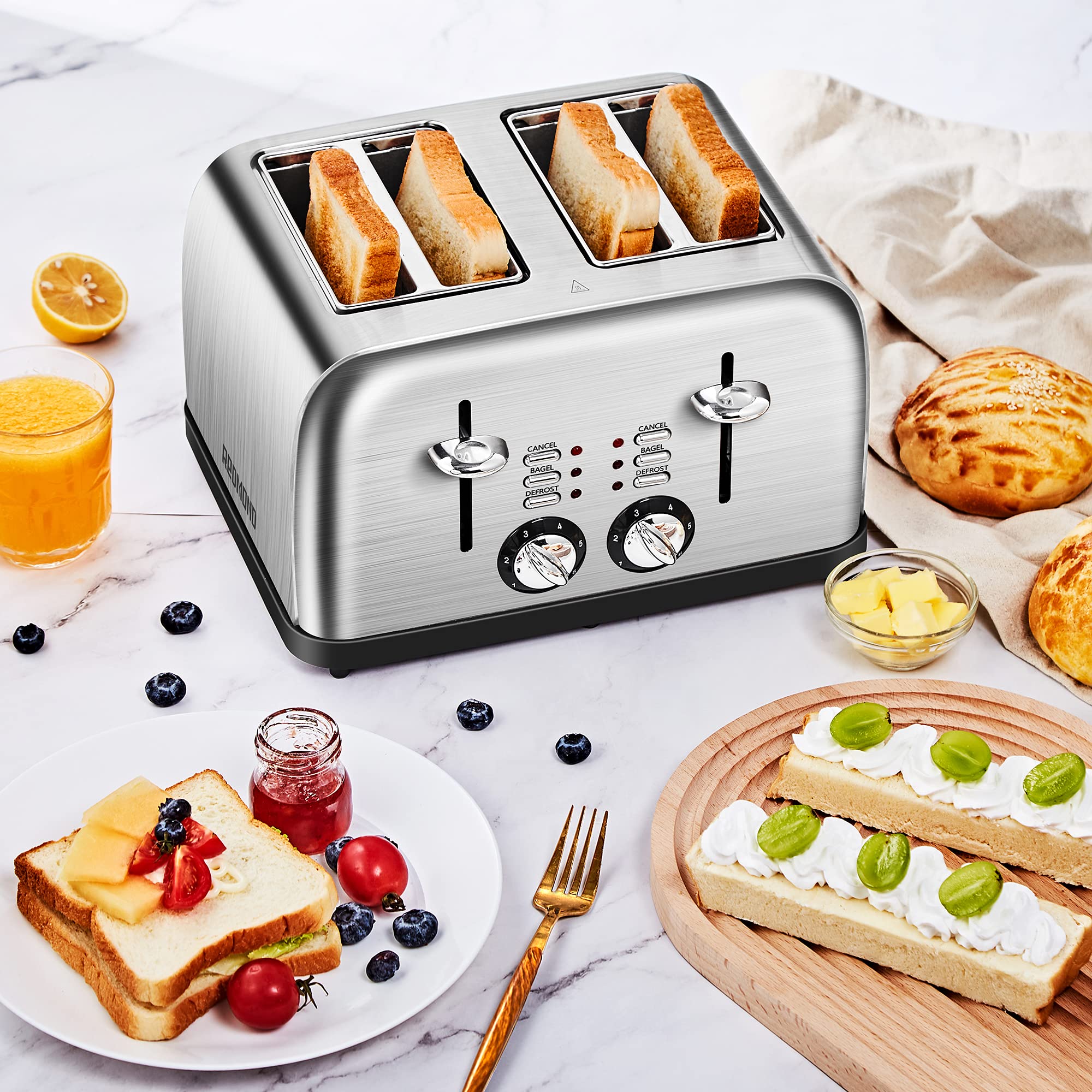 4 Slice Toaster, REDMOND Toaster 4 Stainless Steel Retro Bagel Toaster, 1.5β Extra Wide Slots, 6 Evenly Bread Shade Settings, 1500W, Silver
