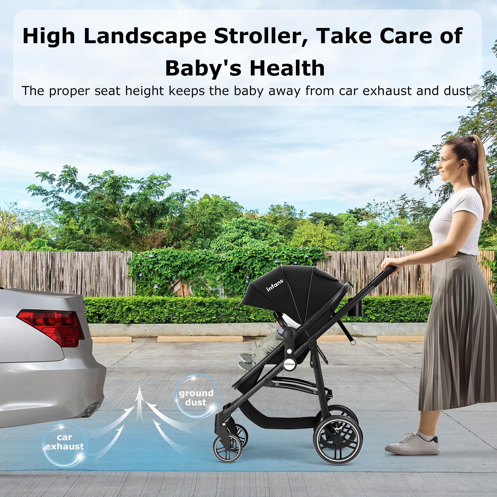 INFANS 2 in 1 Baby Stroller, High Landscape Infant Stroller & Reversible Bassinet Pram, Foldable Pushchair with Adjustable Canopy, Storage Basket, Cup Holder, Suspension Wheels (Black)