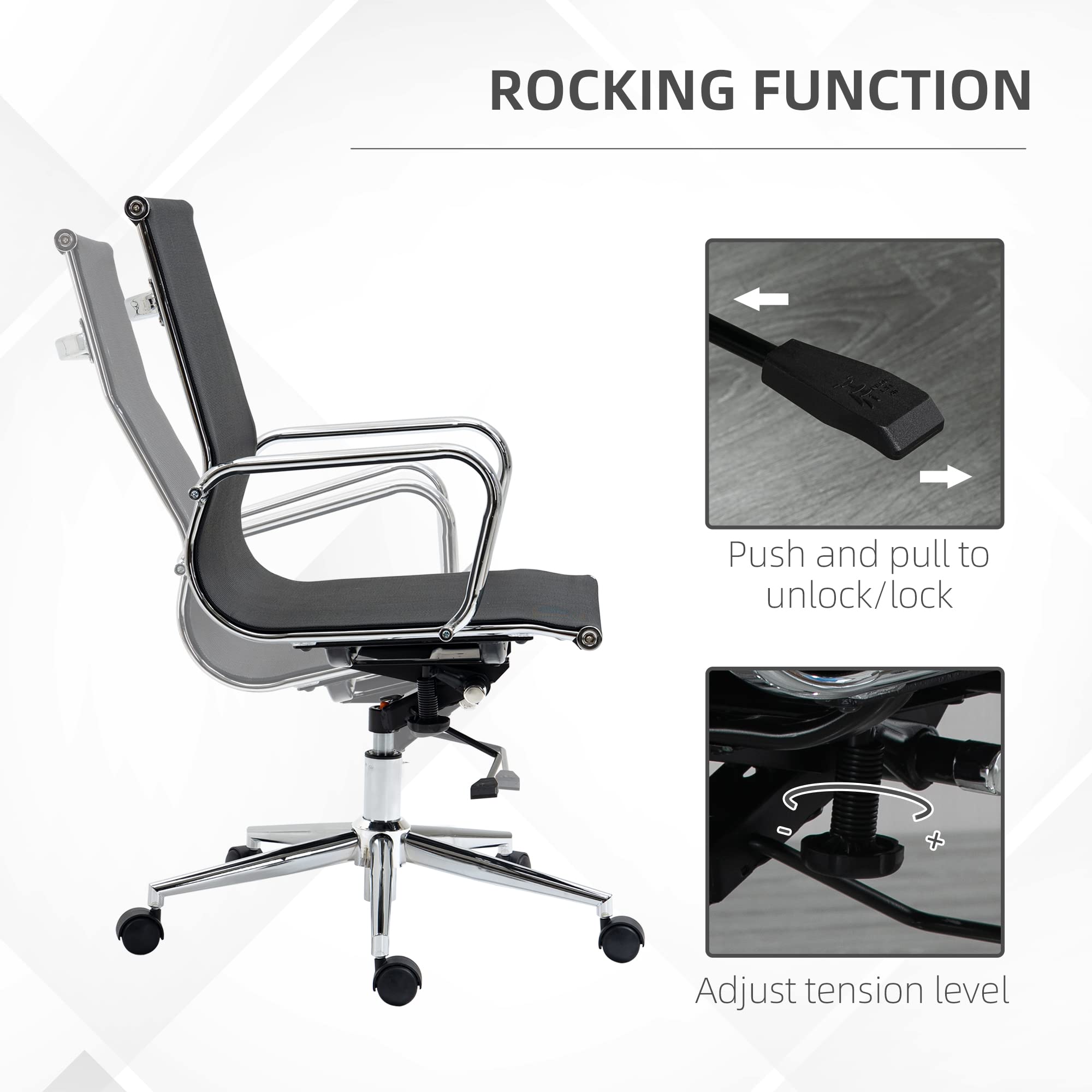 Vinsetto Mesh Office Chair, Swivel Desk Chair with Adjustable Height, Armrests and Tilt Function, Black
