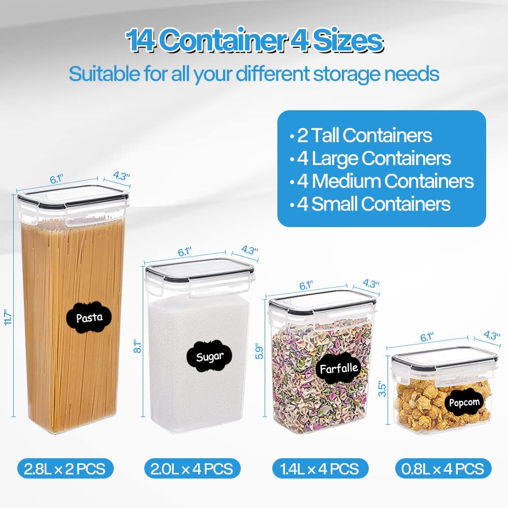 Airtight Food Storage Container Set 14 Pack, Kitchen and Pantry Organization Containers, BPA Free Plastic Cereal Containers with Easy Lock Lids, Kitchen Decor with 24 Labels & Marker