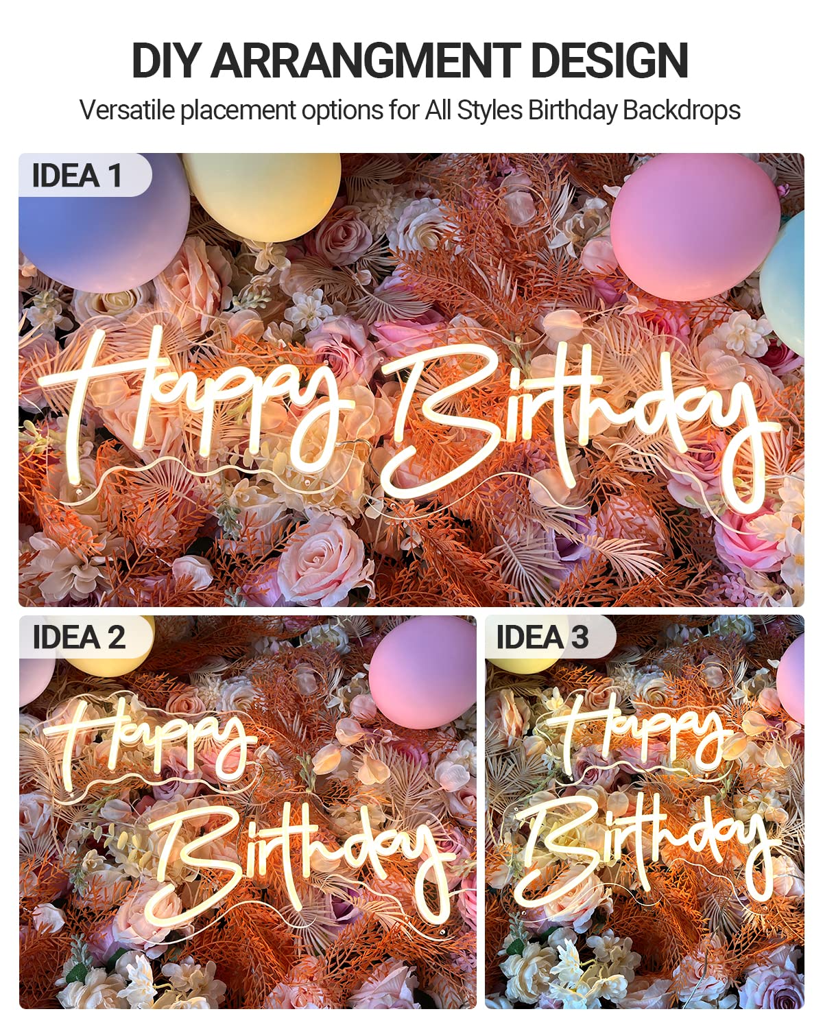 30x8 Inch Happy Birthday LED Neon Sign for Backdrop Decor, Happy Birthday Light Up Sign Adjustable with Stepless Dimmer, 12v Adapter and Hanging Chains for Birthday Party Decoration (Warm White)