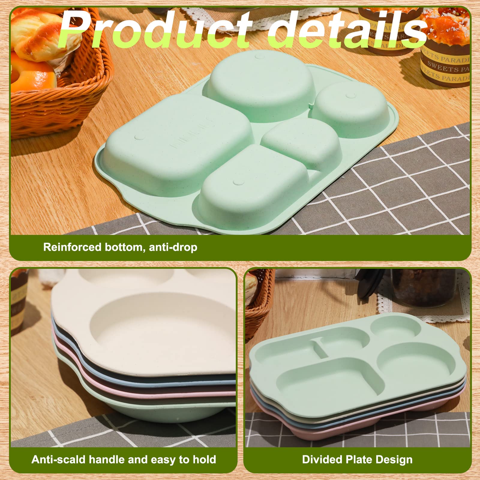 8 Pieces Large 12 Inch Unbreakable Divided Plates Dinnerware Set Microwave Dishwasher Tray Lightweight Plates Unbreakable Tableware for Kitchen Picnic