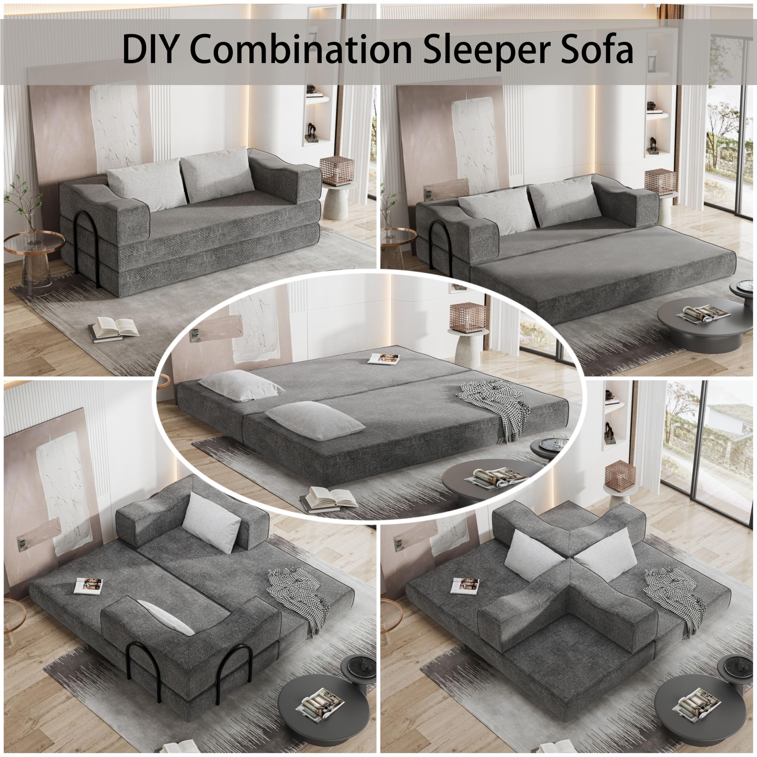 80" Folding Floor Sofa Bed Modular Futon Couch Bed with 2 Pillows 3-Seat Folding Sleeper Sofa&King Size Bed Mattress,DIY Combination Convertible Chenille Sofa Bed for Living Room Apartment (Grey)