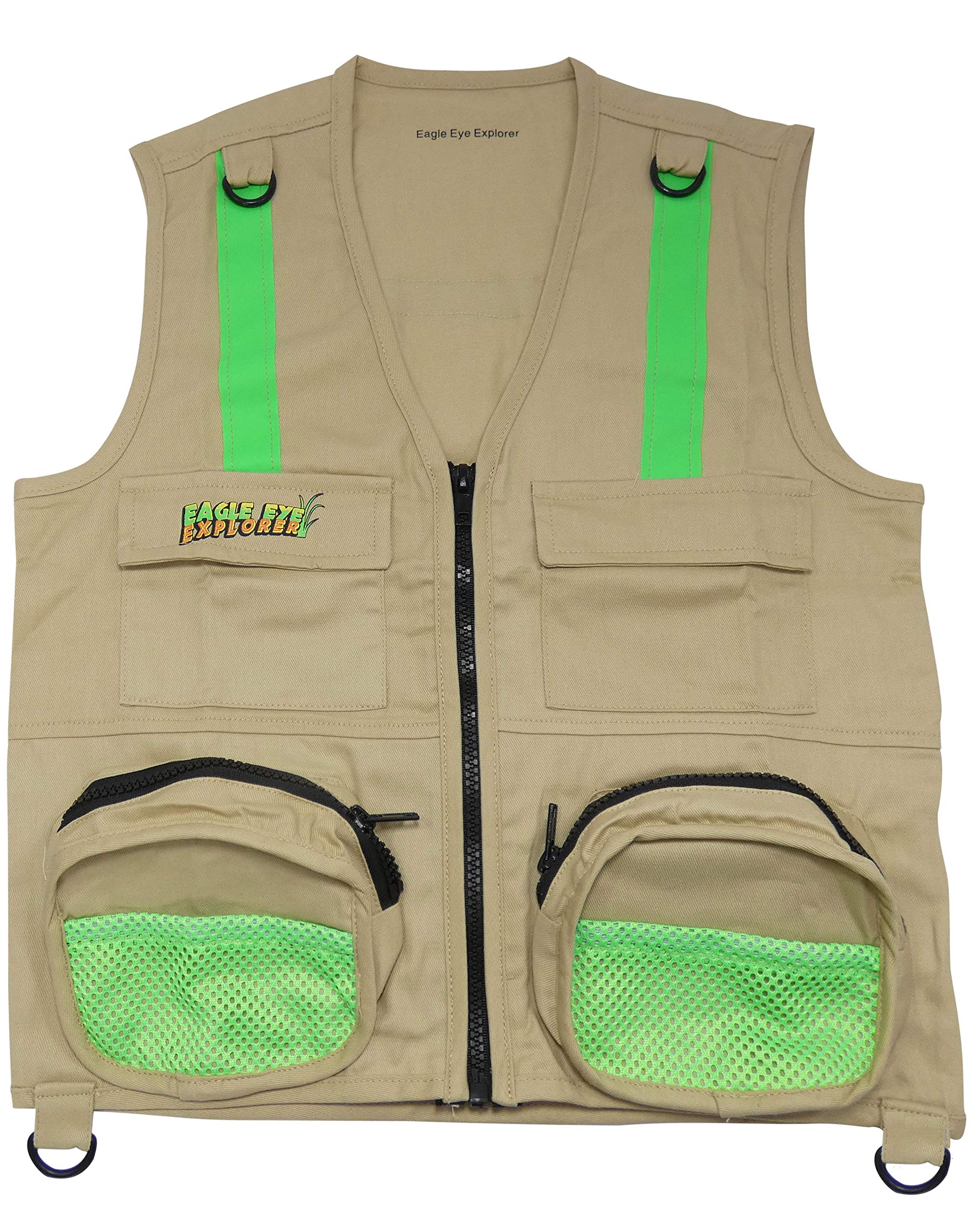 Eagle Eye Explorer Multi-Piece Set Cargo Vest with Reflective Safety Straps, 1 8x21 Magnification Binoculars and Safari Hat for Boys and Girls (Small/Medium, Tan and Green)