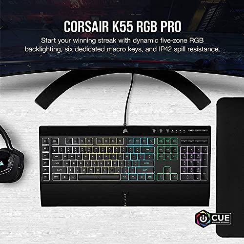 Corsair K55 RGB PRO Membrane Wired Gaming Keyboard – IP42 Dust and Spill-Resistant – 6 Macro Keys with Elgato Integration – iCUE Compatible – QWERTY NA – PC, Mac, Xbox – Black