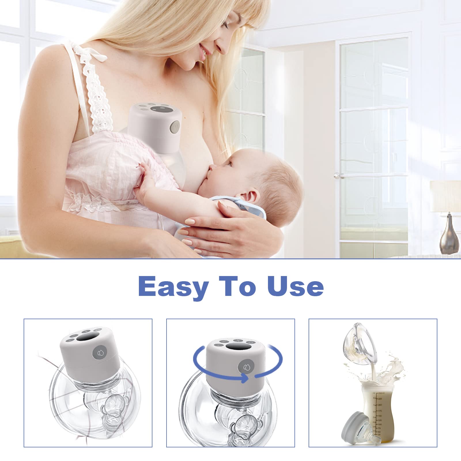 Bemawe Wearable Breast Pump, Electric Breast Pump Hands Free Wireless Breast Pump Portable Breastfeeding Pump Low Noise Painless Breast Milk Pump, LCD Display, 2 Modes & 9 Levels, S12, 24mm Flange