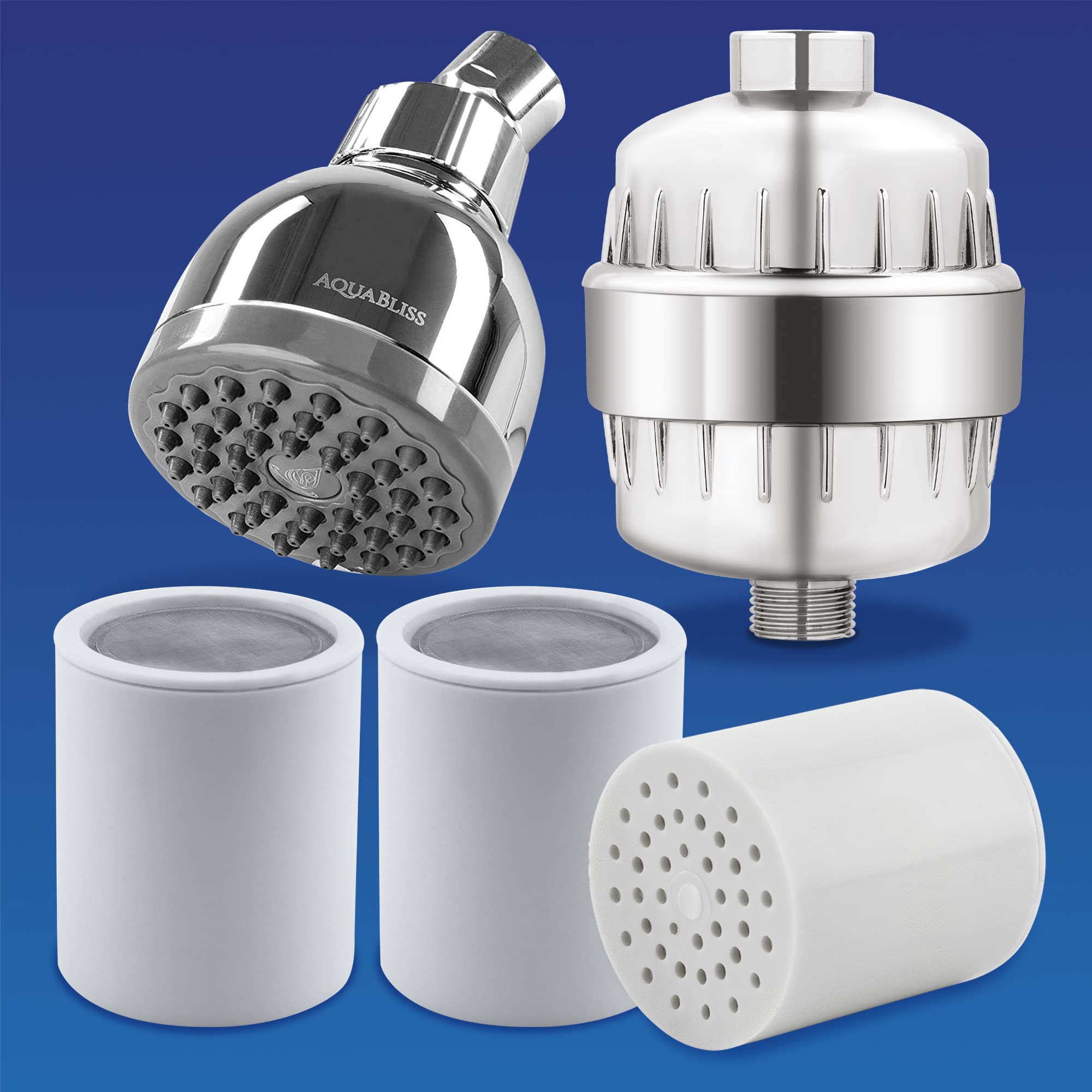 AquaBliss SF100 High Output Revitalizing Shower Filter & TurboSpa 3 Inch High Pressure Shower Head w/Flow Restrictor Plus 3 AquaBliss Replacement Cartridge SFC100 High Output Multi Stage Filter
