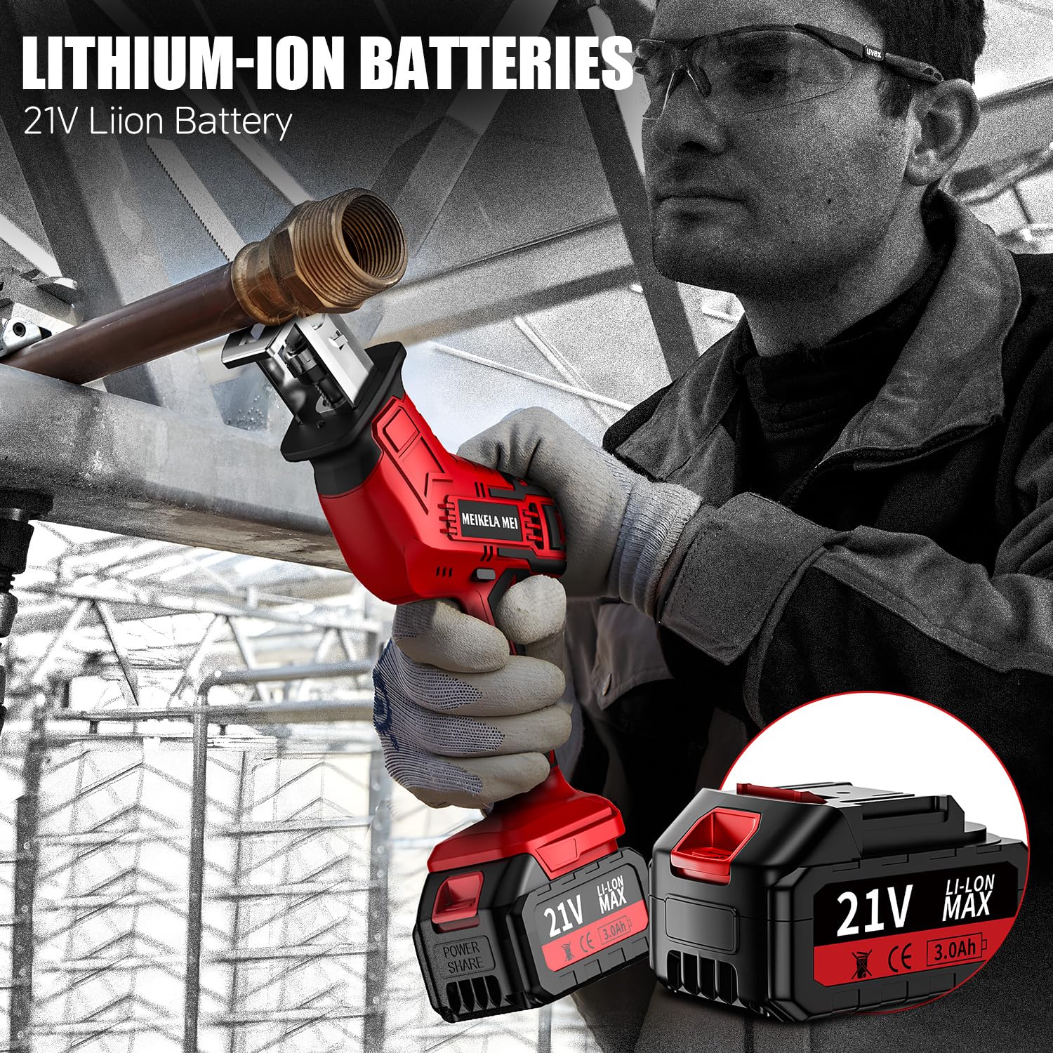 Sawzall Cordless With Battery, Reciprocating Saw With 9 Saw Blades For Wood & Metal, Trees, Pvc Cutting, And Fast Charger/Efficient Cutting 45 Min