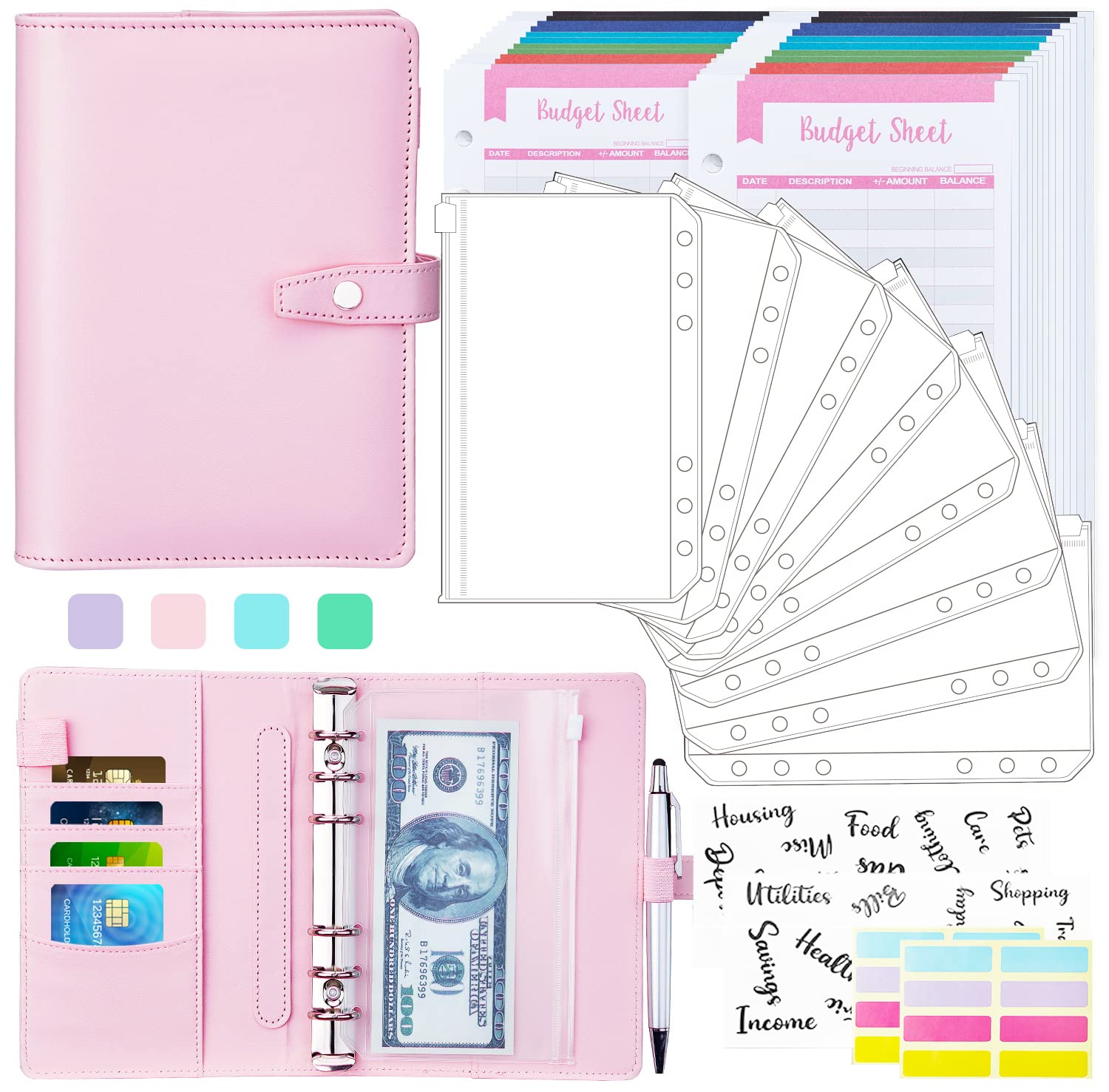 A6 Binder,Cash Envelopes for Budgeting,37 Pcs Budget Binder with Cash Envelopes, Money Saving Binder, Refillable Loose-Leaf Budget Wallet Planner Money Organizer for Cash Receipt Coupon, Pink