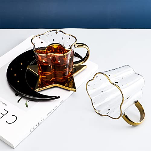 8.1 oz/240 ml Glass Coffee Cup And Ceramic Star Moon Saucer With Spoon Set Golden Handle Glass Cup Afternoon Tea Juice And Water Drinks cup (black)