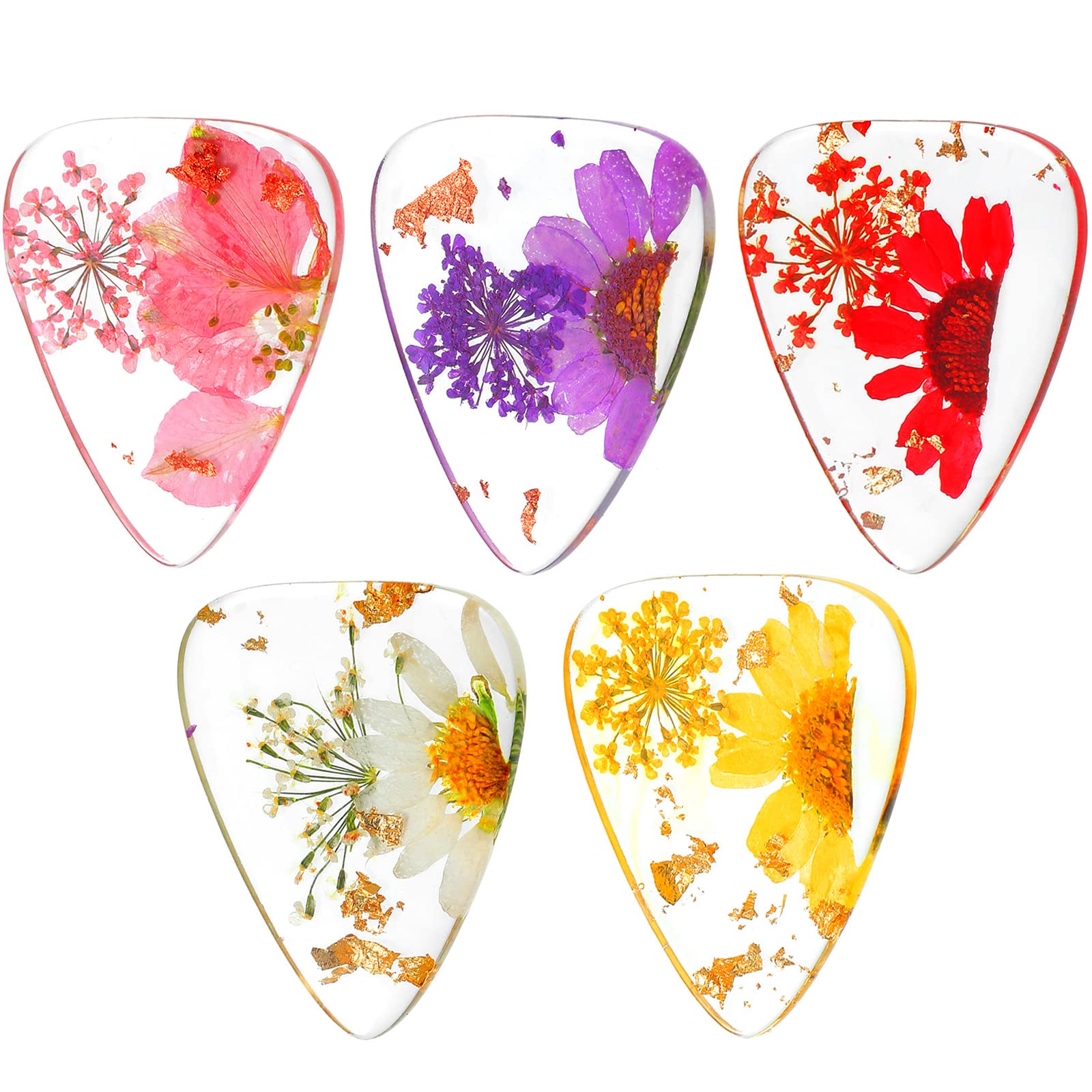 5 Pieces Flower Guitar Picks Dried Flower Resin Guitar Picks Handmade Plectrums Stylish Colorful Guitar Plectrums Floral Bass Picks for Electric, Acoustic Guitar Bass Ukulele, 5 Styles