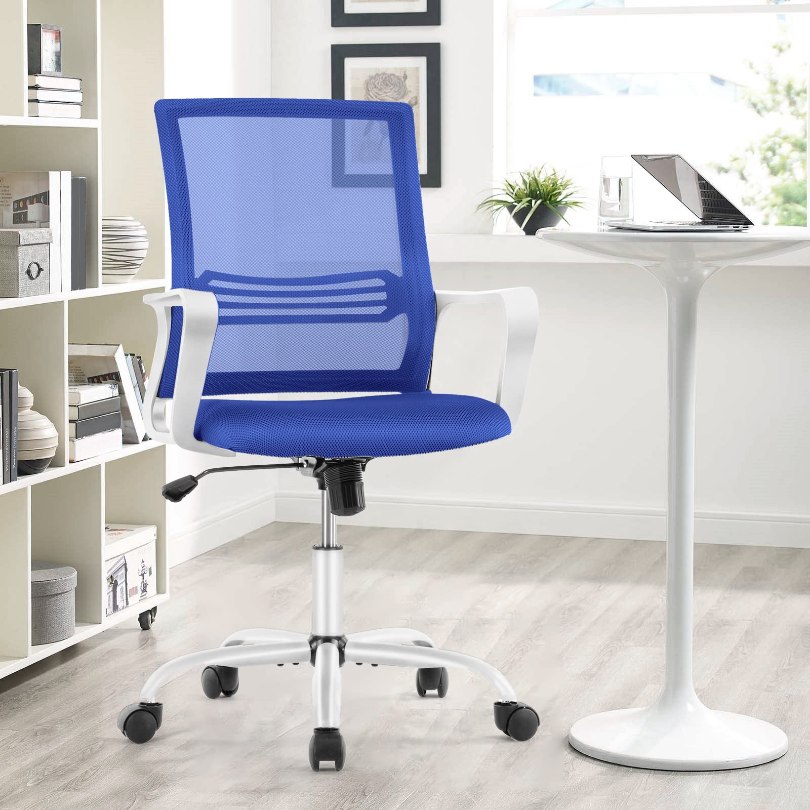 AFO Home Office Desk Chair with Ergonomic Lumbar Supportive Armrest, Mid Back, Tilting Function, Breathable Mesh and High Resilience Sponge Swivel Rolling, Adjustable Height, Navy Blue