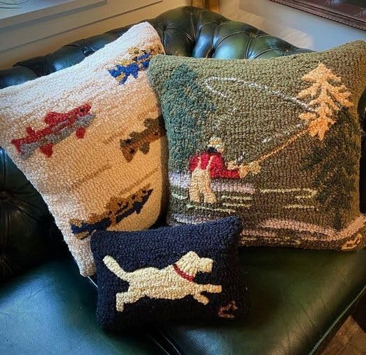 Chandler 4 Corners Artist-Designed Fly Fisherman Hand-Hooked Wool Decorative Throw Pillow (18” x 18”) Lake & Lodge Pillow for Couches & Beds - Easy Care & Low Maintenance - Fishing Pillow for Cabins
