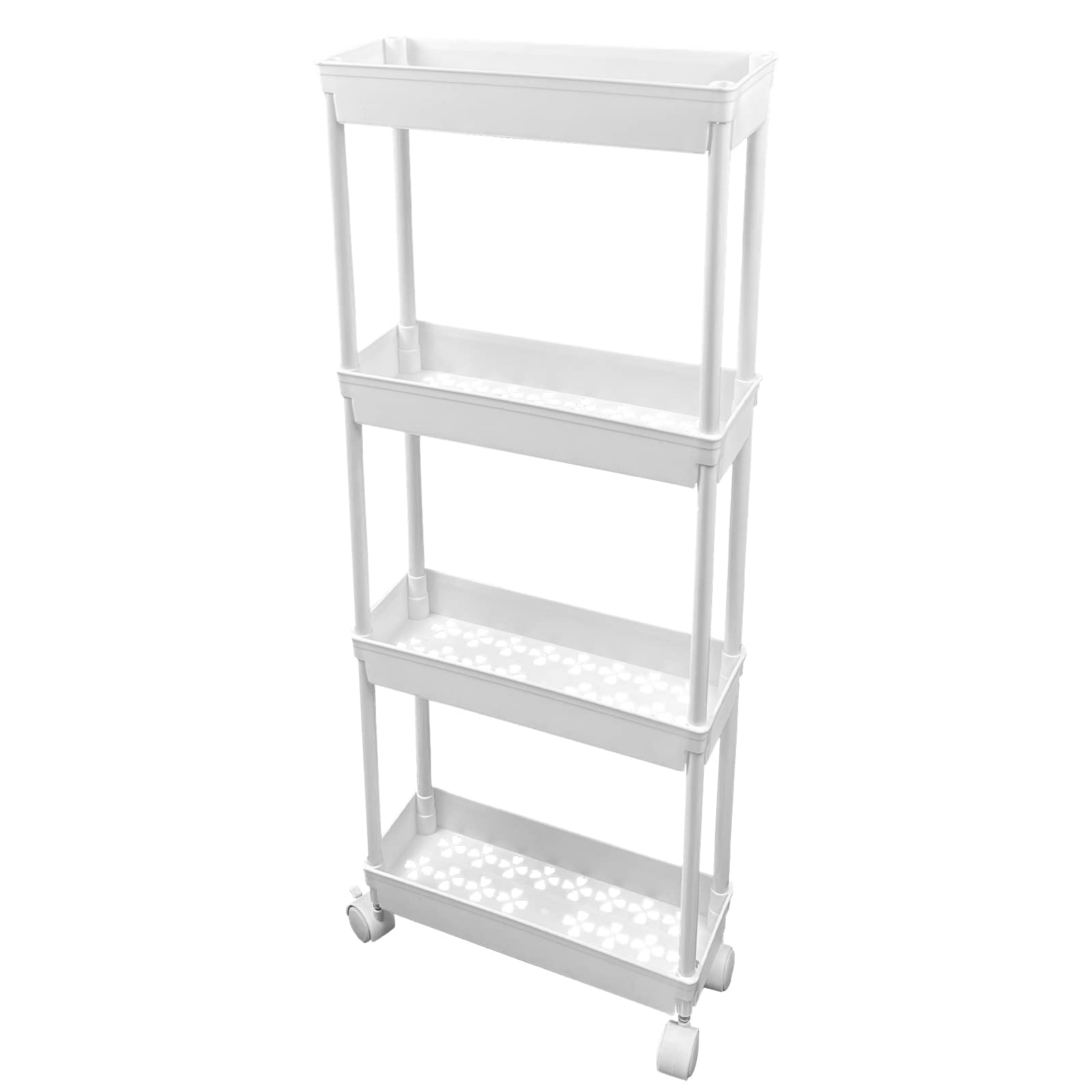 4 Tier Kitchen Bathroom Storage Rolling Cart 39 Inches Tall Slim Utility Rolling Shelf Cart with 4 Universal Wheels Coner Storage Shelves Cart White