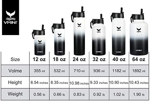 Vmini Water Bottle with New Wide Handle Straw Lid, Wide Mouth Vacuum Insulated 18/8 Stainless Steel, 32 oz, Gradient White + Black