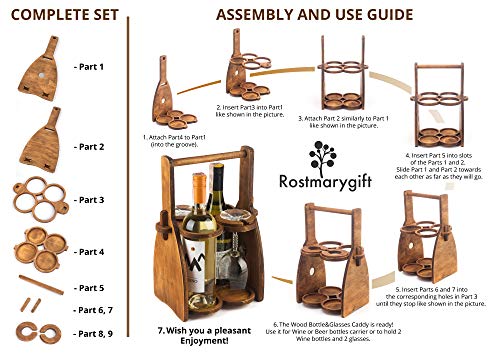 Wood Wine Bottle Glasses Caddy - Beer Carrier - Drinking Desk Accessories - Craft 4 Pack bottle Case - Men's Wine Organizer - Glass tray holder - Wine storage stand - Drink Holder for beer, for wine