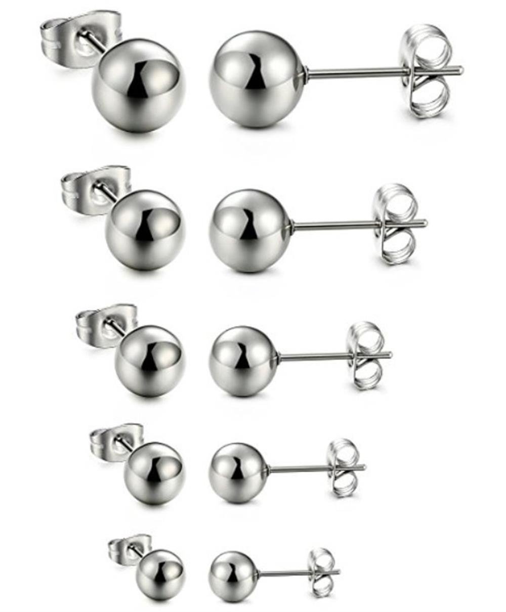 316L Stainless Steel Round Ball Stud Earrings, Assorted Sizes 3-7mm