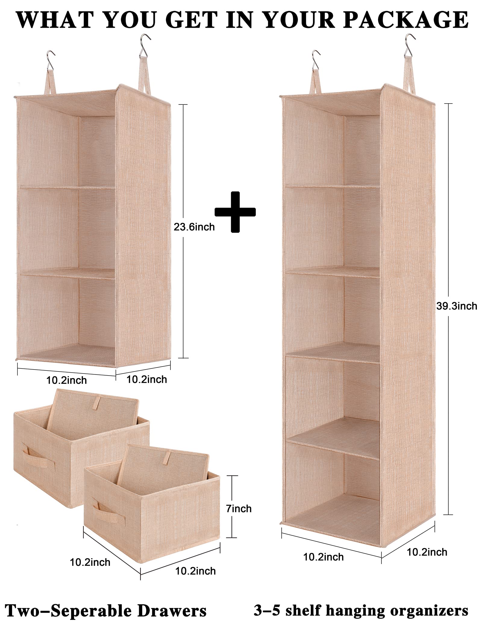 COSIFO 8-Shelf Hanging and Storage with 2 Drawers, 3-Shelf and 5-Shelf Separable Closet Organizers and Storage, Pink Collapsible Hanging Closet Shelves, Baby Nursery Storage Closet Organizer