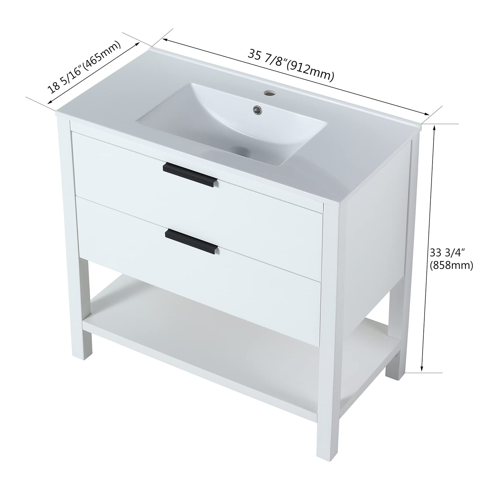 LVTFCO 36" Modern Freestanding Bathroom Vanity with 2 Drawers and Open Style Shelf, Bathroom Vanity Sink Combo with Plywood Pedestal and Resin Sink for Apartment Dorm Contemporary Bath (White)