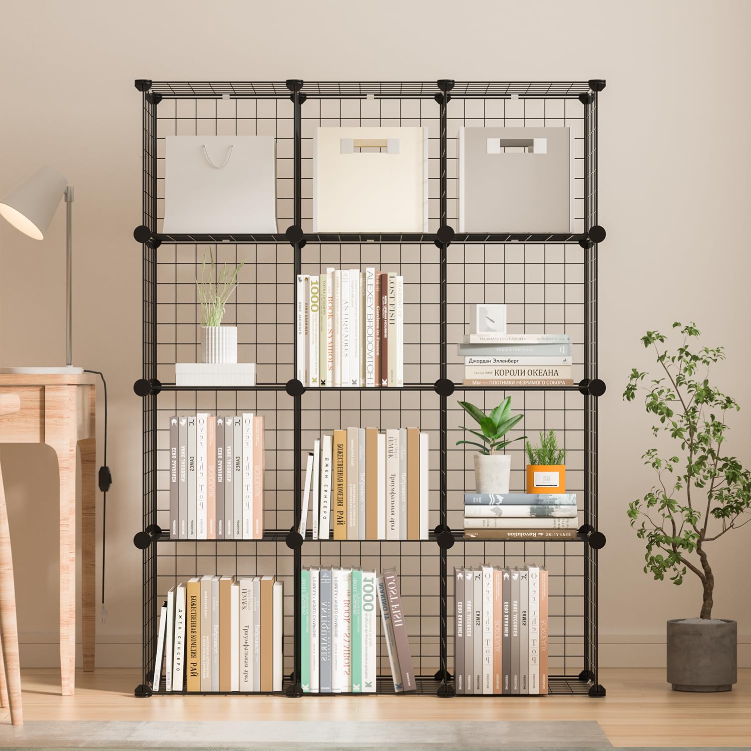 Almaybe Cube Storage Organizer, 6 Cubes Stackable DIY Metal Wire Cube Storage Shelf for Closet Organizers and Storage, Bookshelf Storage Cubes for Bedroom Living Room Office - 11.8"× 11.8" 25Pcs Black