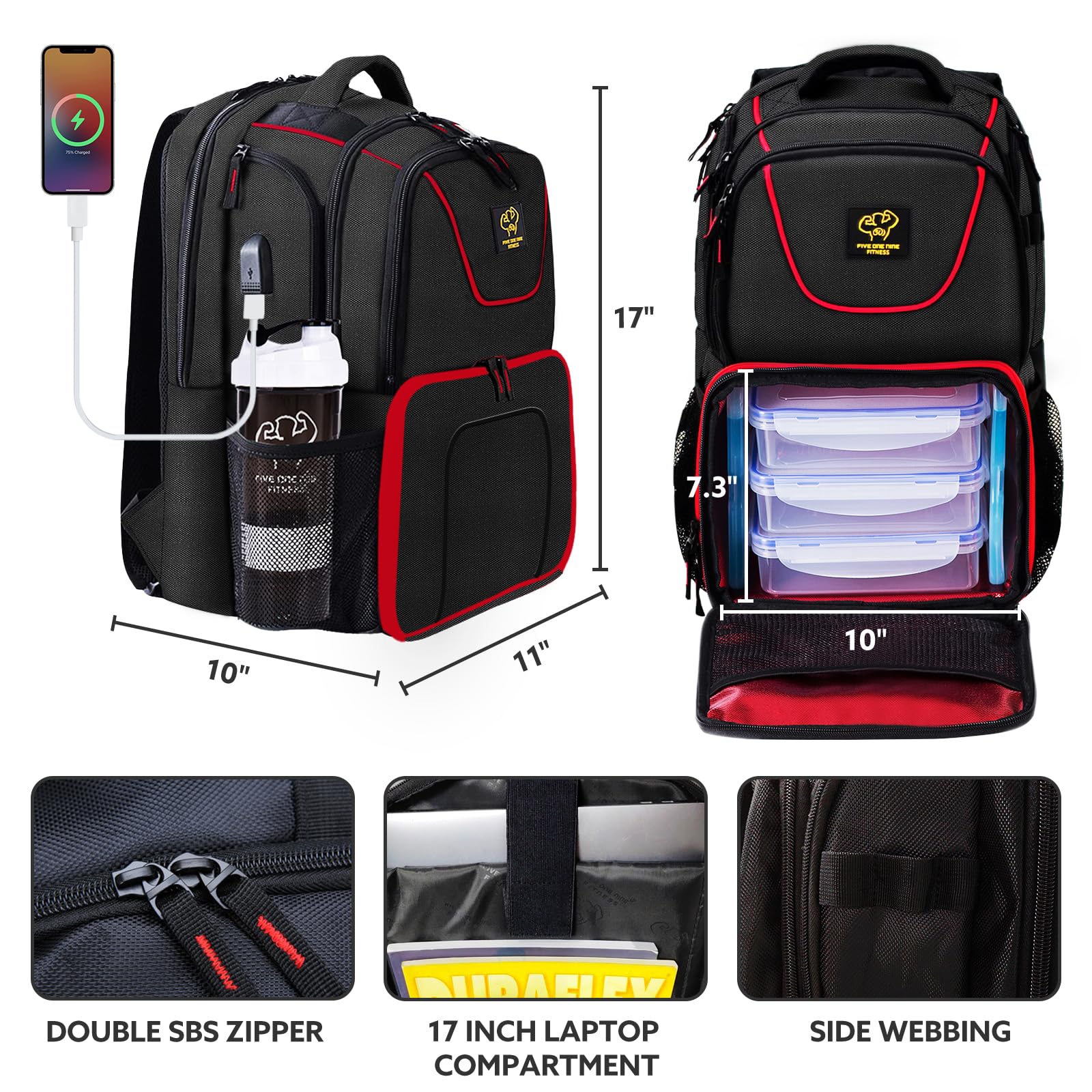 519 Fitness Meal Prep Backpack,Insulated Cooler Lunch Backpack with Computer Compartment,Hiking Picnic Cooler Rucksack For Men and Women,3 Meal Containers,2 Ice Packs and Protein Shaker(black)