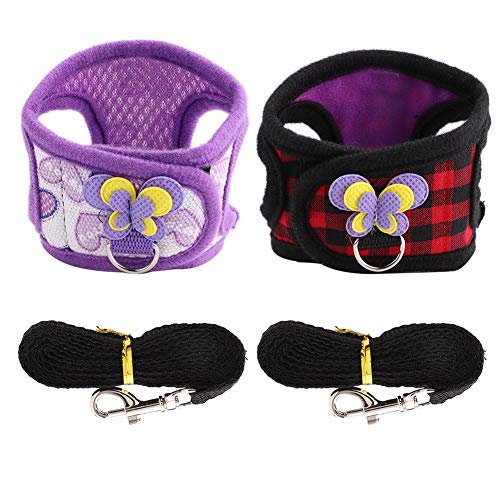 Sheens 2Pcs Chinchilla Harness and Training Rope Small Animal Outdoor Walking Vest for Rabbit Squirrel Bunny Ferret Guinea Pig Red Grid+Purple Hearts(S)