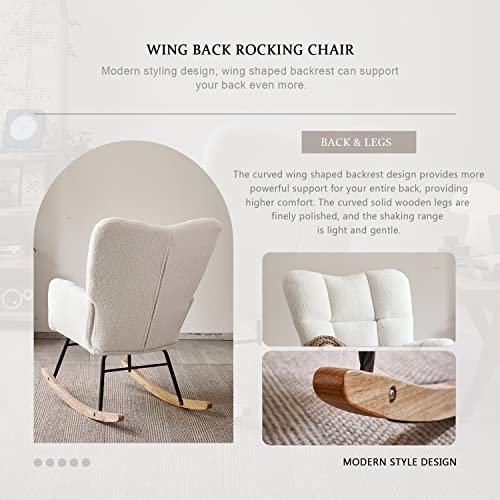 Ljirnt Nursery Rocking Chair, Teddy Fabric Upholstered Glider Rocker with High Backrest, Modern Rocking Accent Chairs Comfy Side Chair for Nursery, Bedroom, Living Room (Ivory)