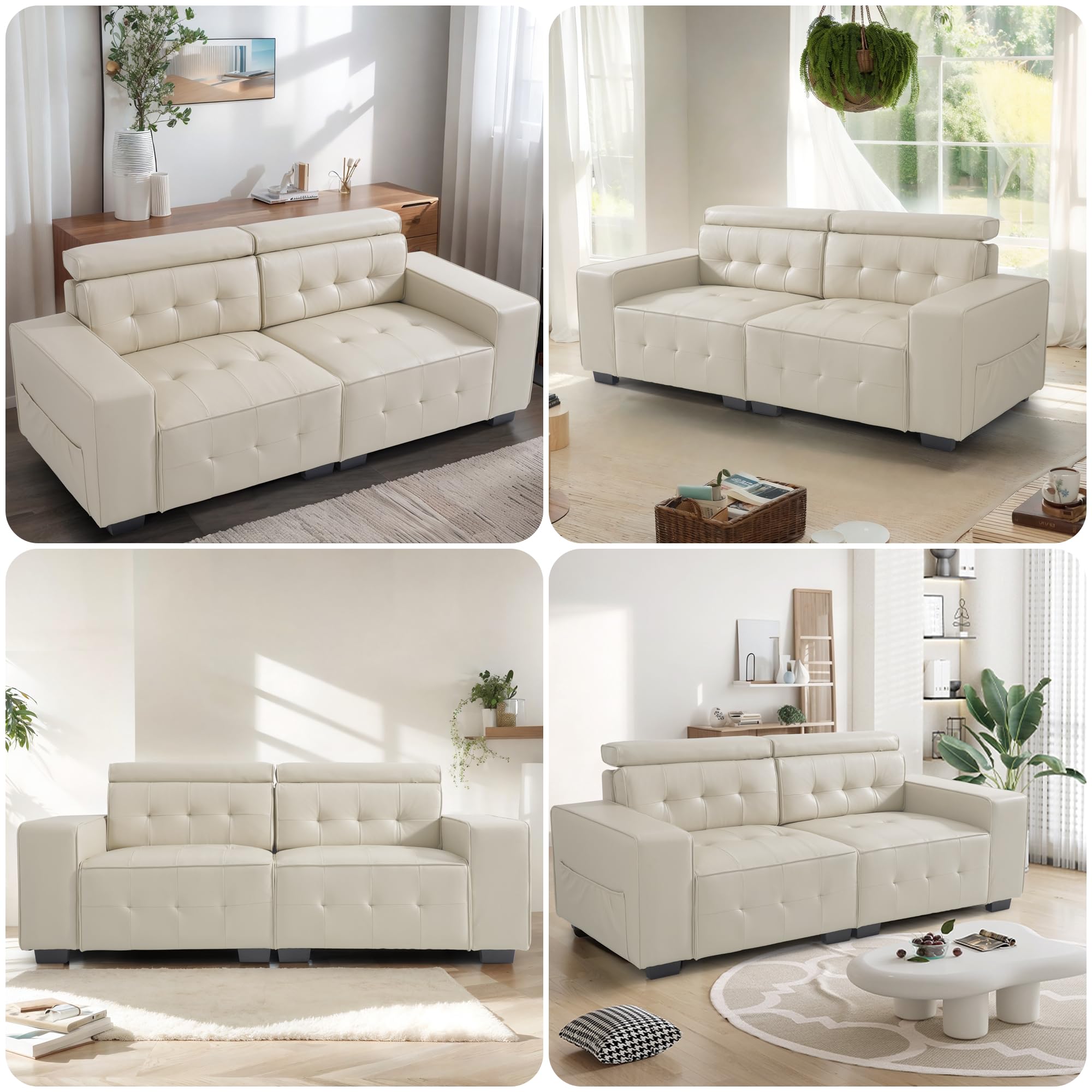 83" Leather Sofa with Adjustable Headrest Mid Century Modern Double Loveseat Sofa for Living Room Bedroom Apartment Office,2 Seater Luxury Classic Wide Armrest,Deep Seat (Leather, White)