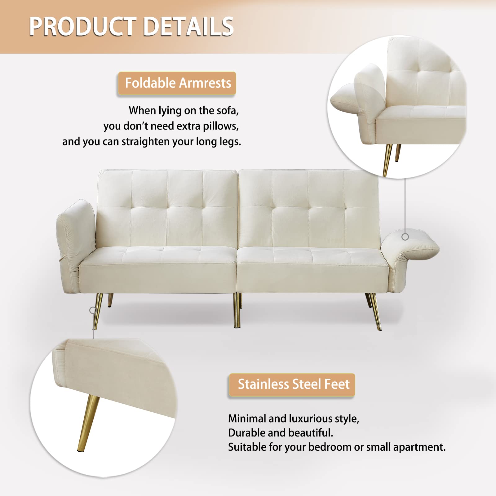 FCNEHLM 77.5” Futon Sofa Bed, Velvet Sofa Bed Futon Convertible Italian Velvet Futon Couch with Foldable Armrests and Adjustable Backrests with Magazine Bags, Sleeper Sofa Bed for Living Room, Beige