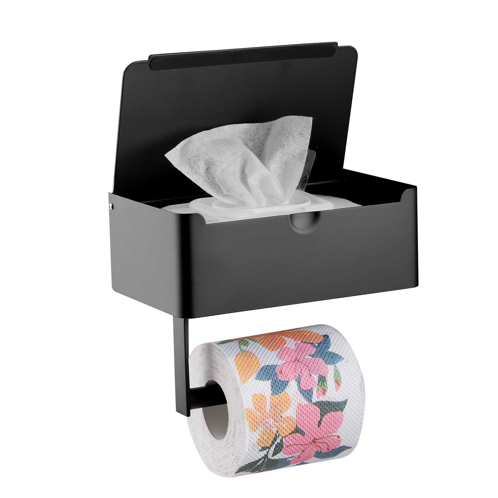 VIJAY SENO Black Toilet Paper Holder with Wipes Storage Wall Mount(Drilling/Adhesive), Toilet Paper Wipes Holder for Bathroom - Hide Your Wipes-SUS304 Stainless Steel(Large)