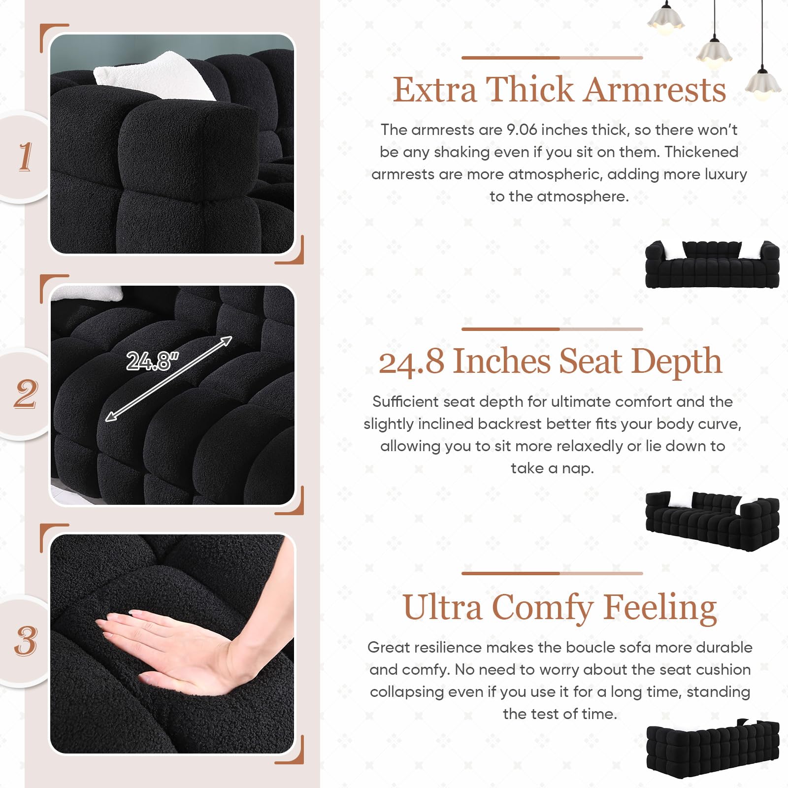 84.3" 3 Seater Modern Sofa Couch, Comfy Upholstered Living Room Sofa with 2 Pillows, Comfy Boucle Sofa with Solid Metal Legs, Contemporary Furniture Tufted Cloud Couch for Waiting Room, Office, Black