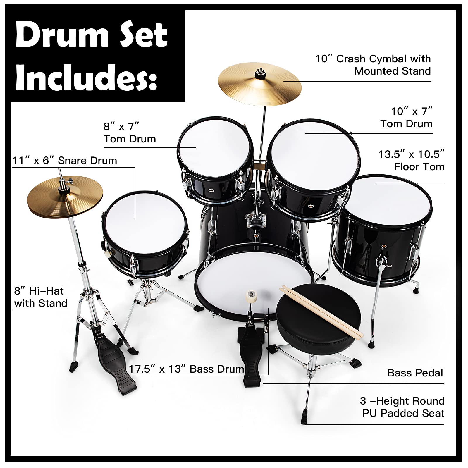 Costzon 16β Kids Drum Set, 5-Piece Full Size Complete Junior Drum Set with Adjustable Throne, Cymbal, Hi-Hat, Pedal & Drumsticks, Beginner Drum Kit with Bass Snare Tom Drum, Age 3-12, Black