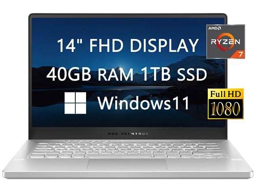 ASUS ROG Zephyrus 14" FHD Laptop, 2023 Newest Upgrade, Gaming Laptop AMD Ryzen 7-5800HS Processor, 40GB RAM, 1TB SSD, Windows 11 Home, Fast Charge, HDMI, Webcam, Bluetooth, White, LIONEYE HDMI Cable