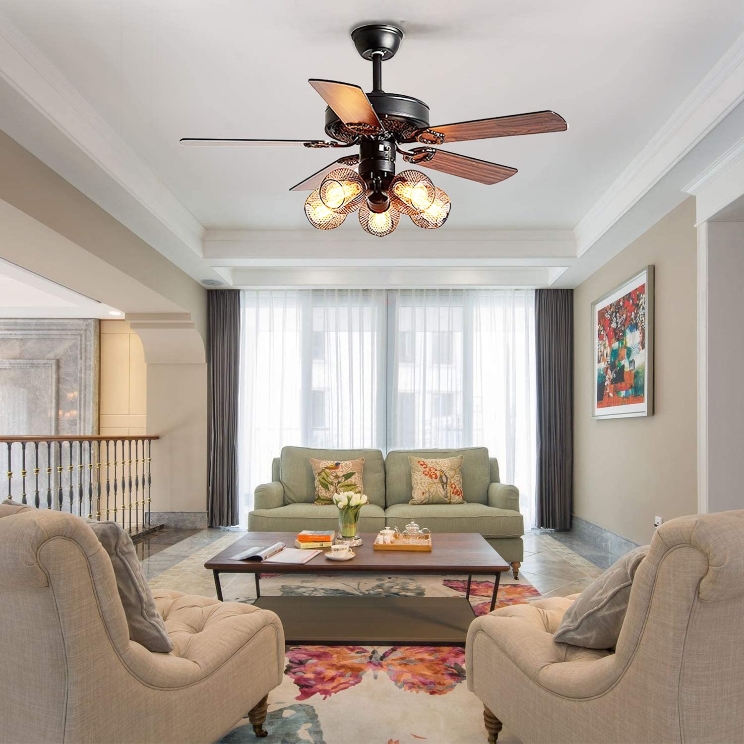 52" Farmhouse Ceiling Fan with Light Rustic Ceiling Fan with Light Ceiling Fan with Lights Remote Control Industrial Ceiling Fan with Light Vintage Ceiling Fan with Light for Bedroom Living Room