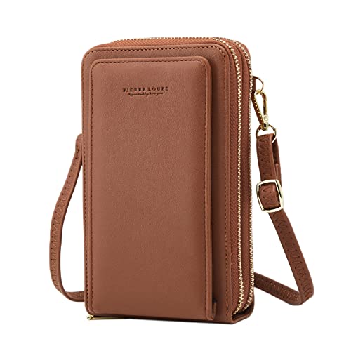 Cell Phone Crossbody Bag for Women Wallet Purse,PU Leather Touch Screen Mini Messenger Wallet with Credit Card Slots-Brown