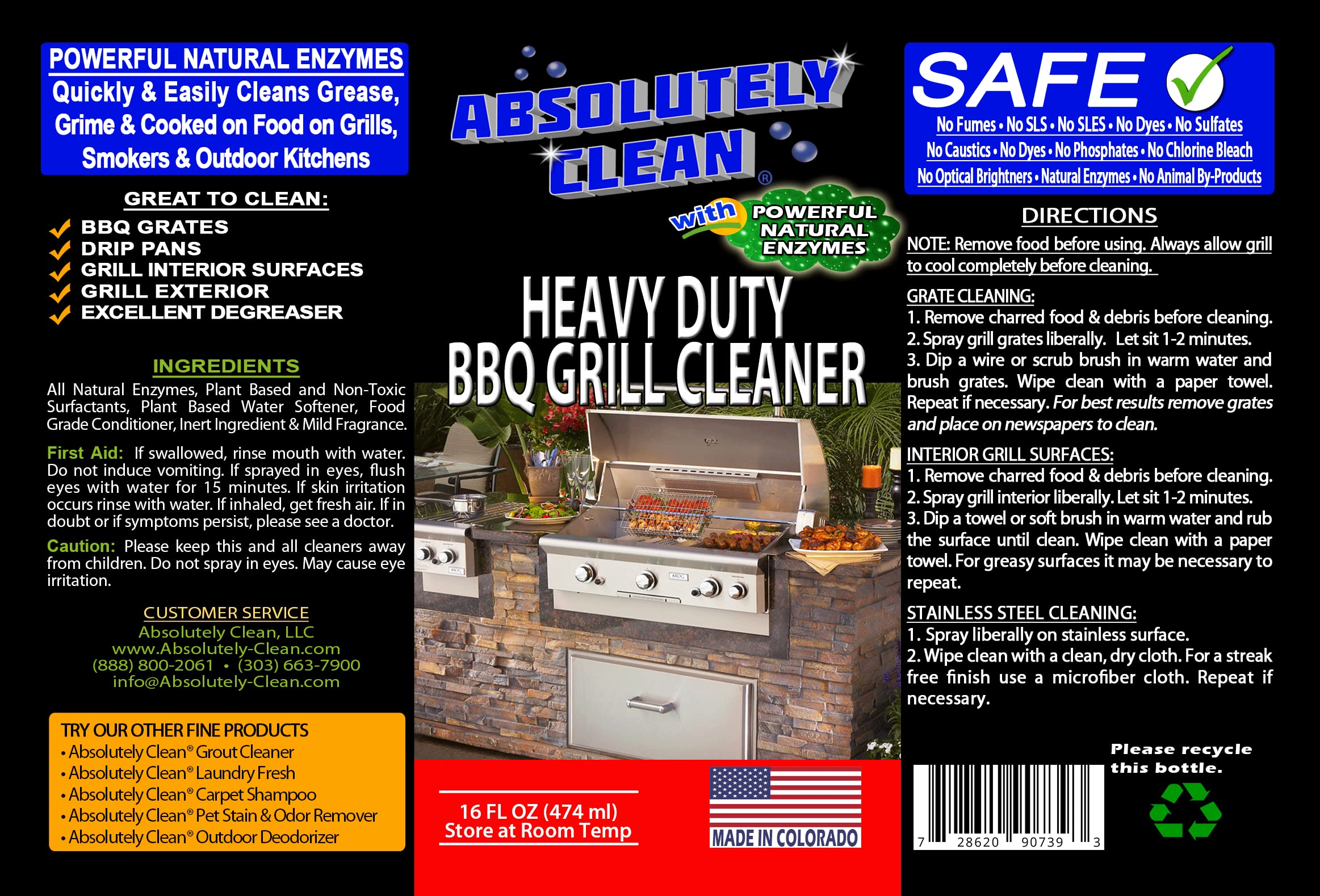 Absolutely Clean IT JUST WORKS GREAT as Grill Cleaner Spray! - Professional Strength, Natural Enzyme Formula - Fast Acting, Fume Free - USA Made (32oz Spray Bottle)