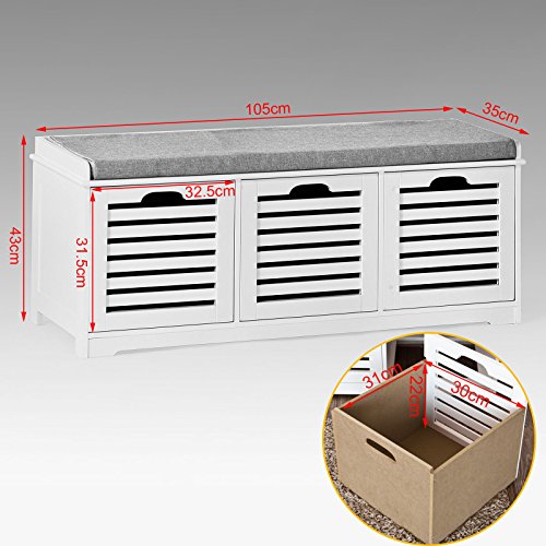 Haotian FSR23-W, White Storage Bench with 3 Drawers & Padded Seat Cushion, Hallway Bench, Shoe Cabinet, Shoe Bench