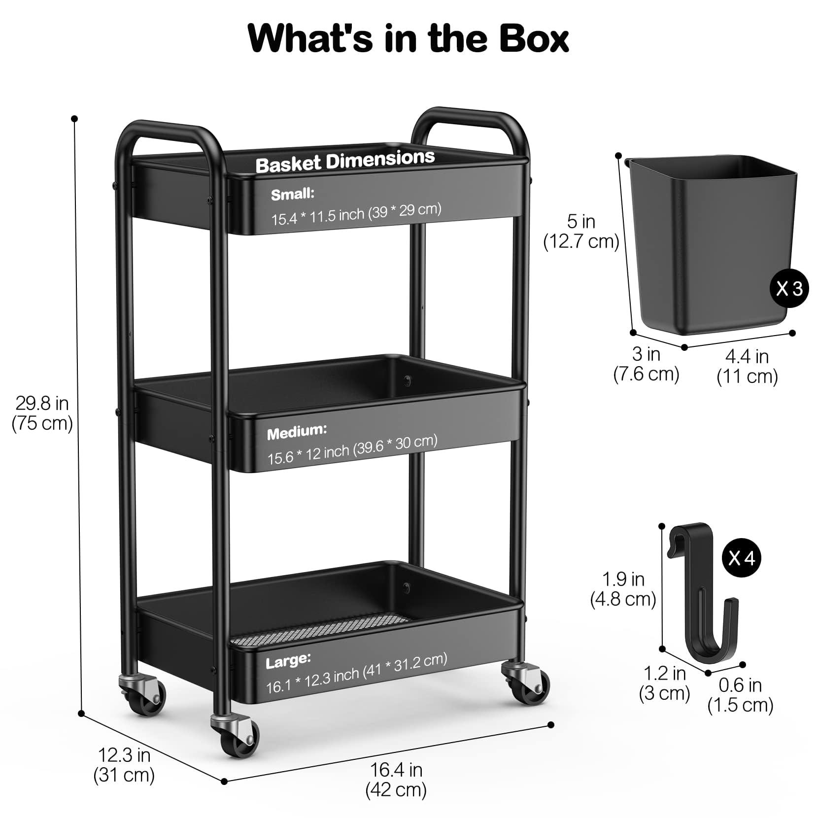 3 Tier Rolling Cart, YASONIC Metal Utility Cart, 66 Pounds Capacity, Mesh Storage Organizer Cart with Lockable Wheels & 3 Hanging Cups & 4Hooks, Easy Assembly, for Kitchen, Bathroom, Laundry, Grocery
