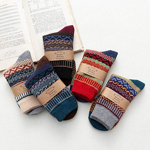 5 Socks Vintage Womens Winter Socks Pack Warm Knit Cold Wool Soft Socks Clothes (Black,Gray,White,Blue,Red-1, One Size)