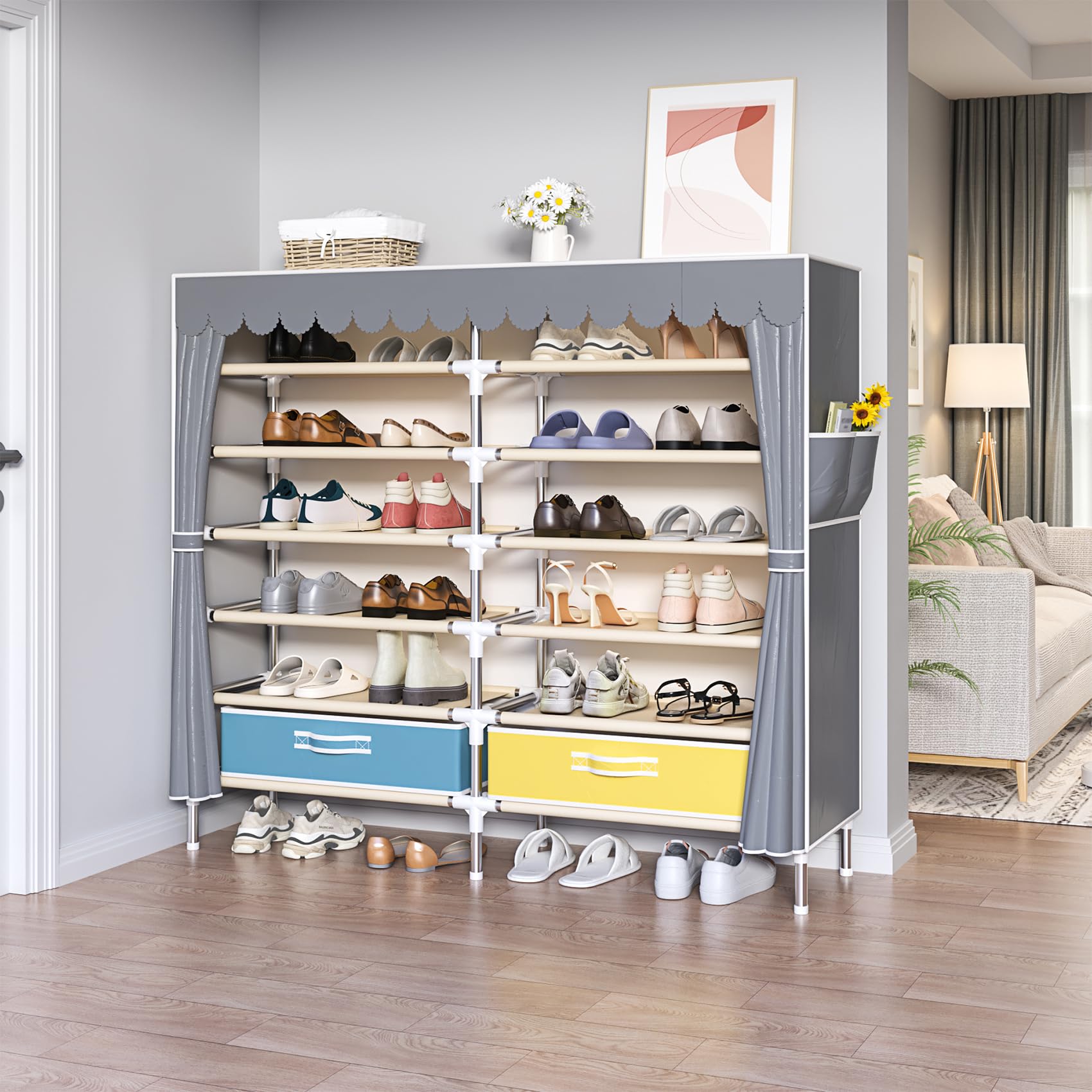 LEAIJIAFY Double Row 6 Tier Shoe Rack Storage Organizer with Cover and 2 Drawers,Portable Standing Shoe Shelf for Garage EntrywaySmall Spaces,16MM Metal Tubes,Gray