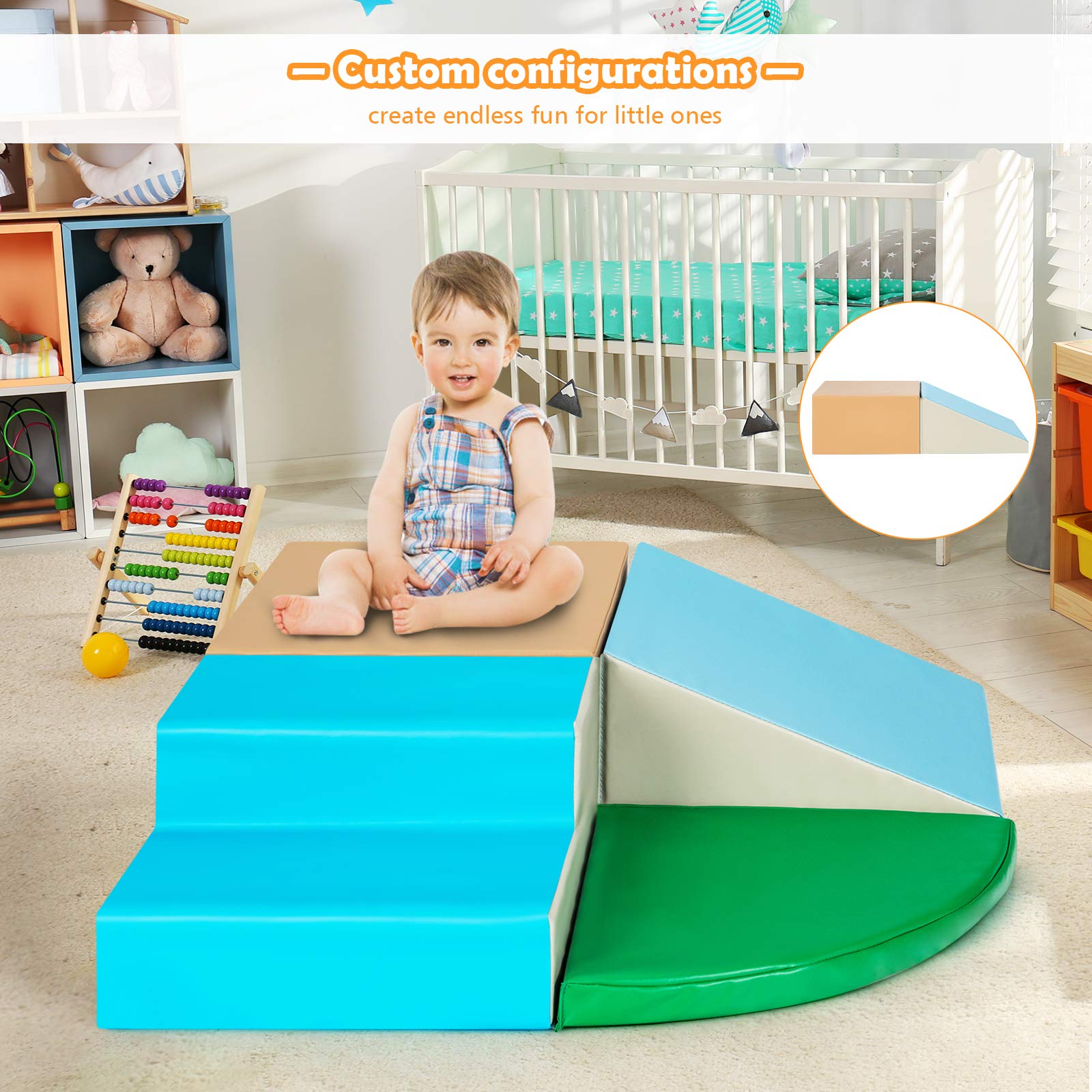 Costzon Climb and Crawl Foam Play Set, 4-Piece Soft Toddler Corner Climber Indoor Active Play Structure for Babies & Toddlers, Great for Climbing, Sliding and Physical Activity (Blue + Green + Coffee)