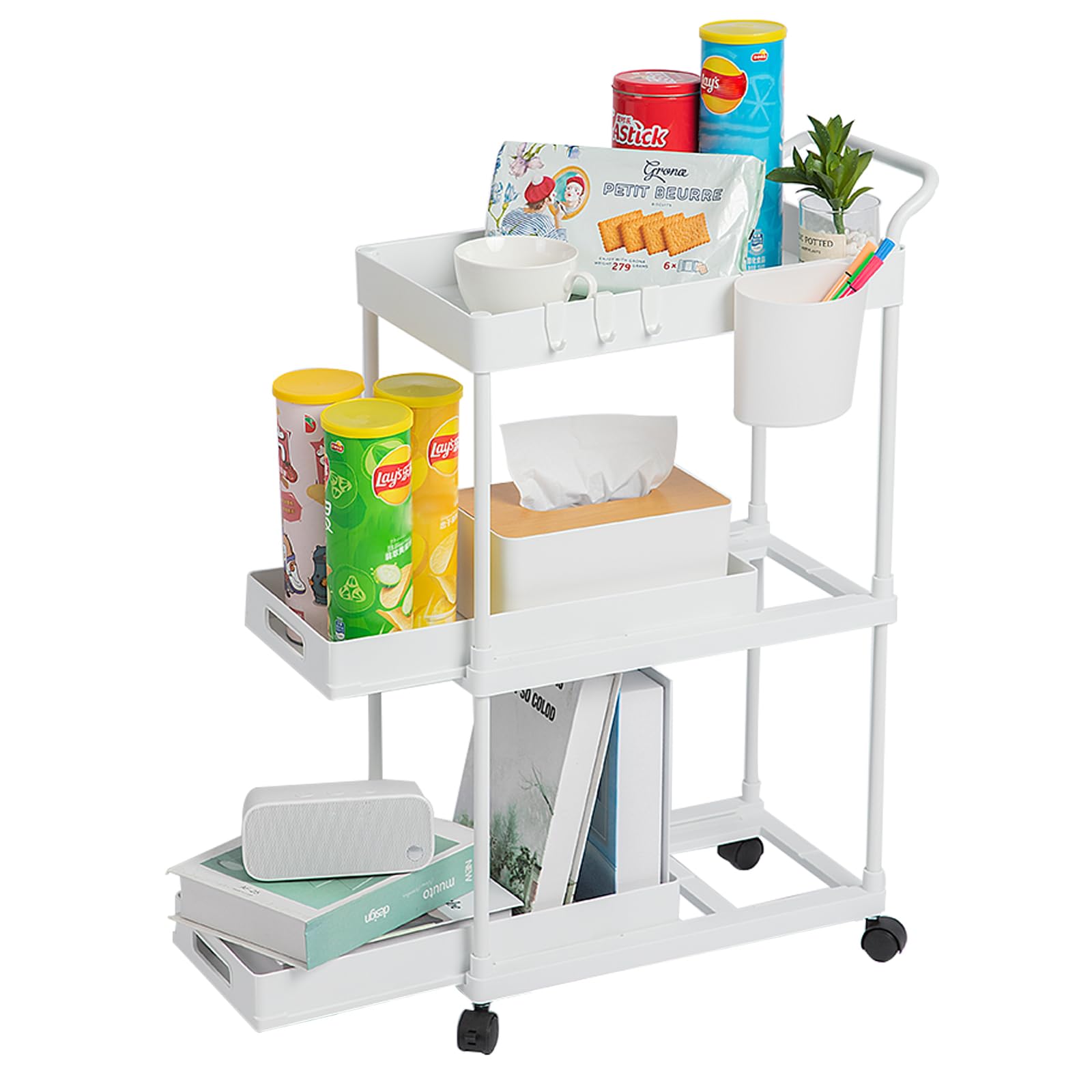 3 Tier Rolling Utility Cart with Drawers, Art Cart, Slide Out Bathroom Organizer with Lockable Wheels, Storage Trolley Cart with 1 Hanging Cups & 3 Hooks for Kitchen Office Laundry (3 Story, White)