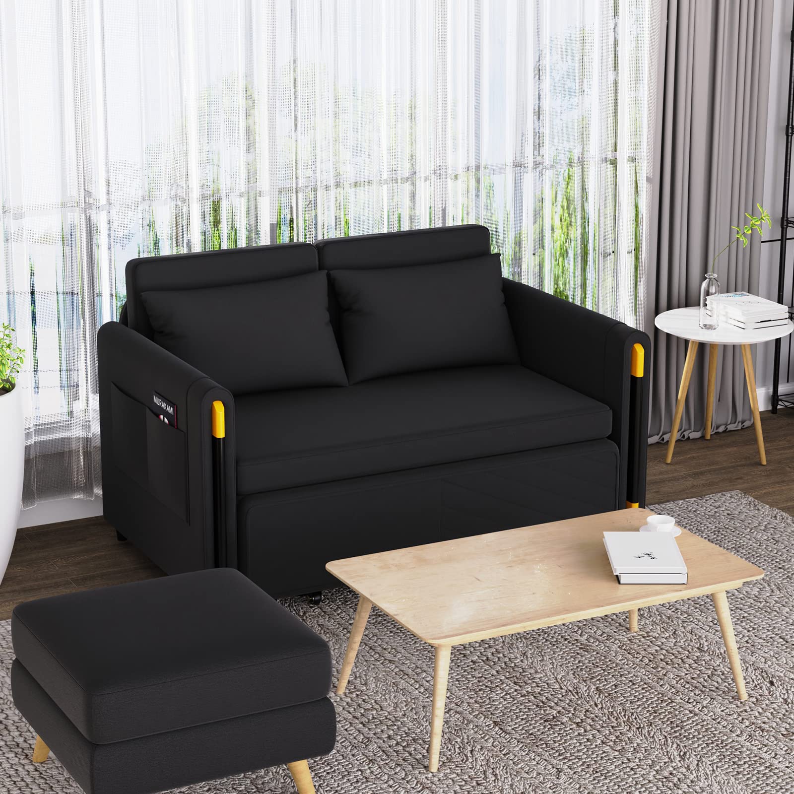 54" Pull-out Sofa Bed, 3 in 1 Linen Fabric Modern Convertible Sleeper Sofa 2-Seater Loveseats with Two Pillows and Arm Pockets for Living Room, Home, Office, Bedroom - Black